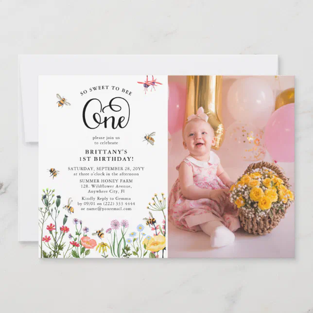 'Sweet to Bee' Wildflower & BumbleBee 1st Birthday Invitation | Zazzle