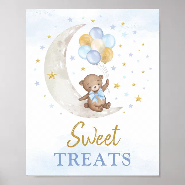 Sweet Treats Teddy Bear Blue Gold Balloons Poster | Zazzle