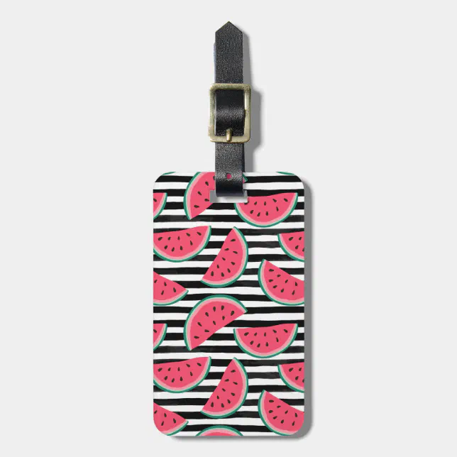 Sweet Watermelon on Stripes Black & White Pattern Luggage Tag | Zazzle