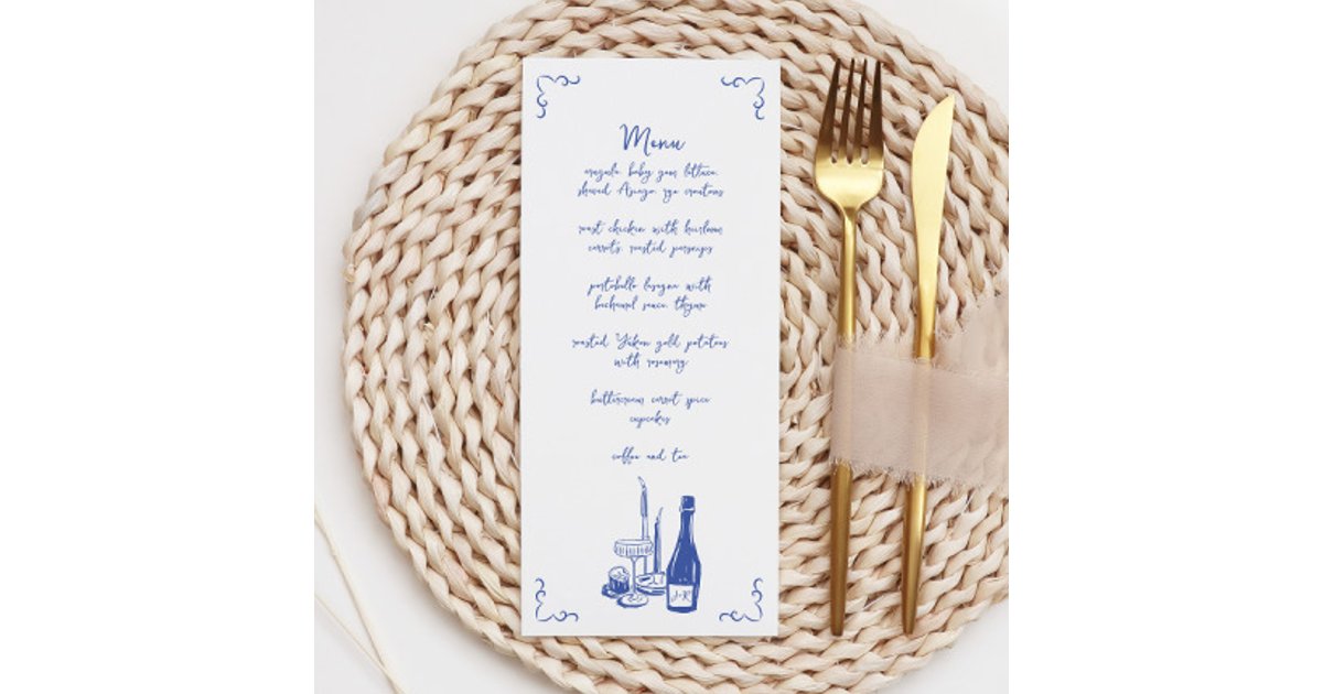Sweet Whimsical Handwritten Illustrated Wedding Menu | Zazzle