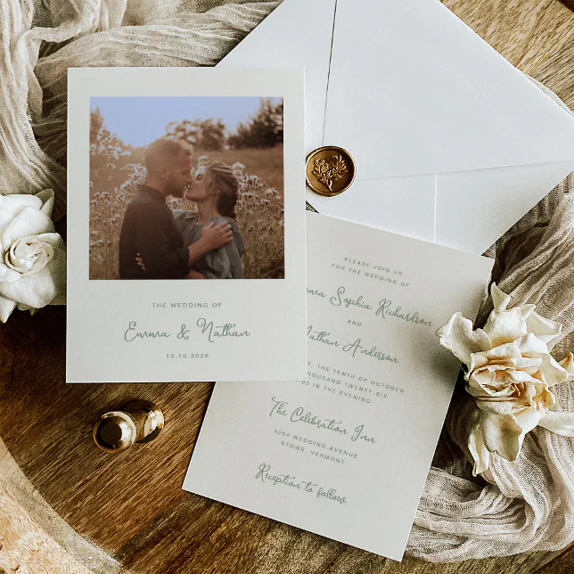 Sweet Whimsical Ivory and Sage Green Photo Wedding Invitation | Zazzle