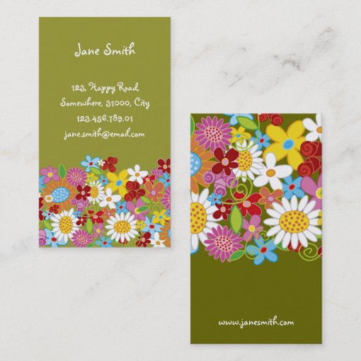 Sweet Whimsical Spring Flowers Colorful Garden Business Card | Zazzle