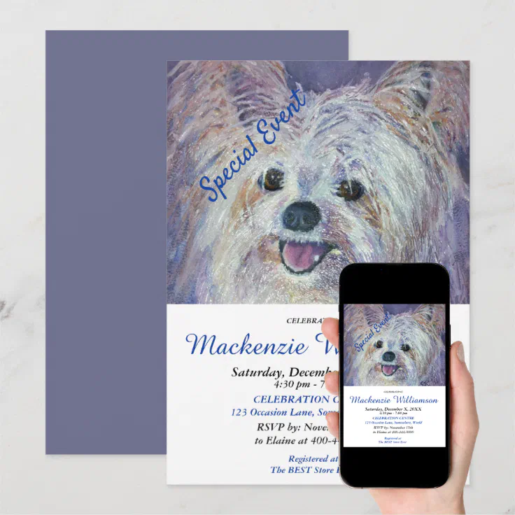 SWEET WHITE YORKIE PUPPY WISHES HAPPY BIRTHDAY INVITATION | Zazzle