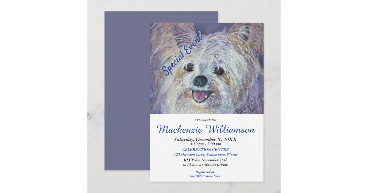 SWEET WHITE YORKIE PUPPY WISHES HAPPY BIRTHDAY INVITATION | Zazzle