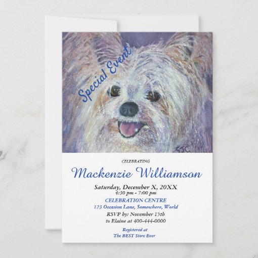 SWEET WHITE YORKIE PUPPY WISHES HAPPY BIRTHDAY INVITATION | Zazzle