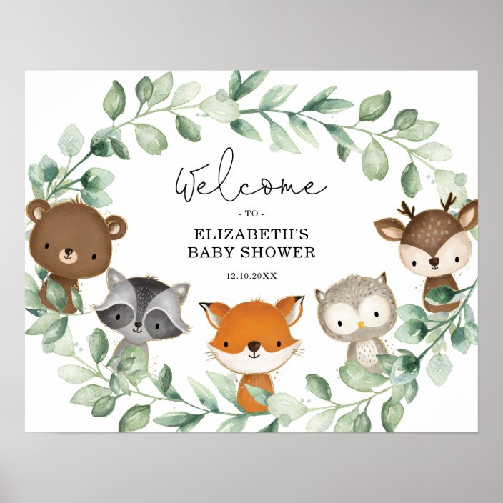 Sweet Woodland Forest Greenery Wreath Baby Welcome Poster | Zazzle.com
