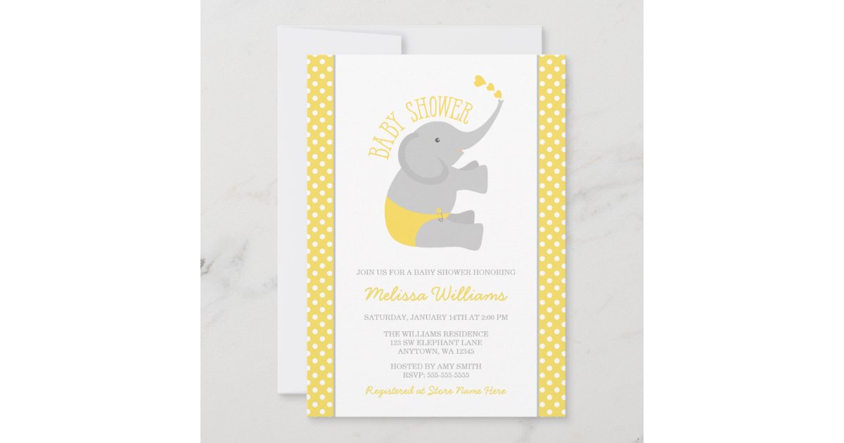 Sweet Yellow Gray Elephant Baby Shower Invitations | Zazzle