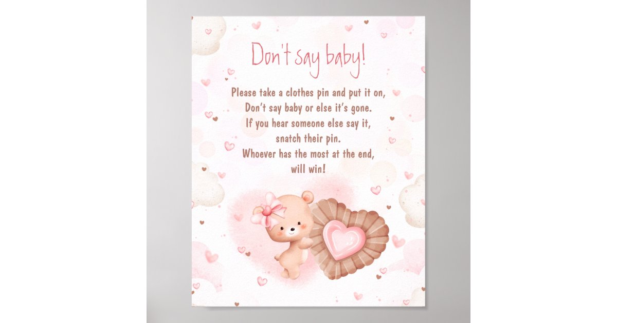 Sweetie Pink Baby Shower Don't Say Baby Game Poster | Zazzle