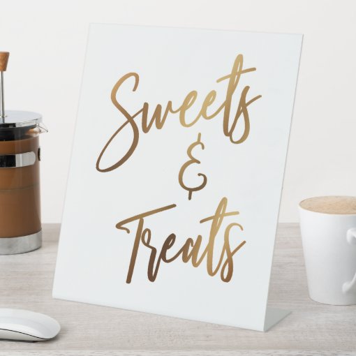 Sweets & Treats Simple Gold Handwriting Typography Pedestal Sign | Zazzle