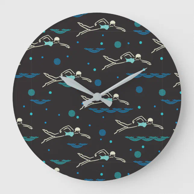 Swim Swimming Swimmers Pattern Black Ver Large Clock | Zazzle