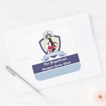 Swimming Club Crest Cute Cartoon Penguin Kids Square Sticker | Zazzle