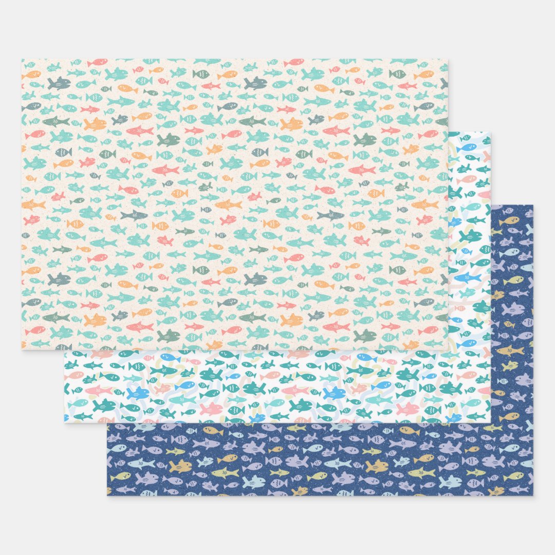 Swimming Fish Nautical Beach Sea Life Patterns Wrapping Paper Sheets ...