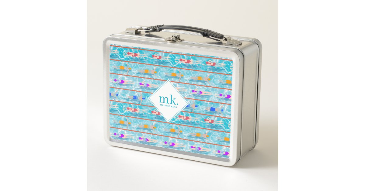 Swimming Laps Pool Swim Team Pattern Monogram Metal Lunch Box | Zazzle
