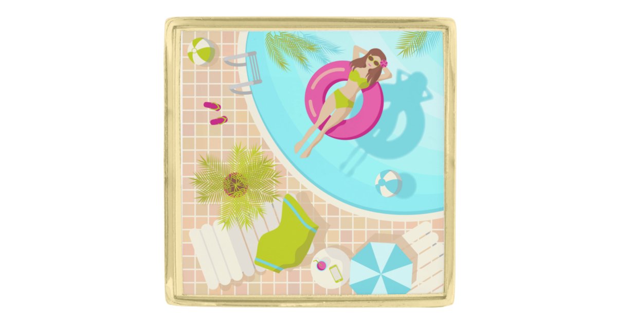 Swimming pool girl in bikini summer beach gold finish lapel pin | Zazzle