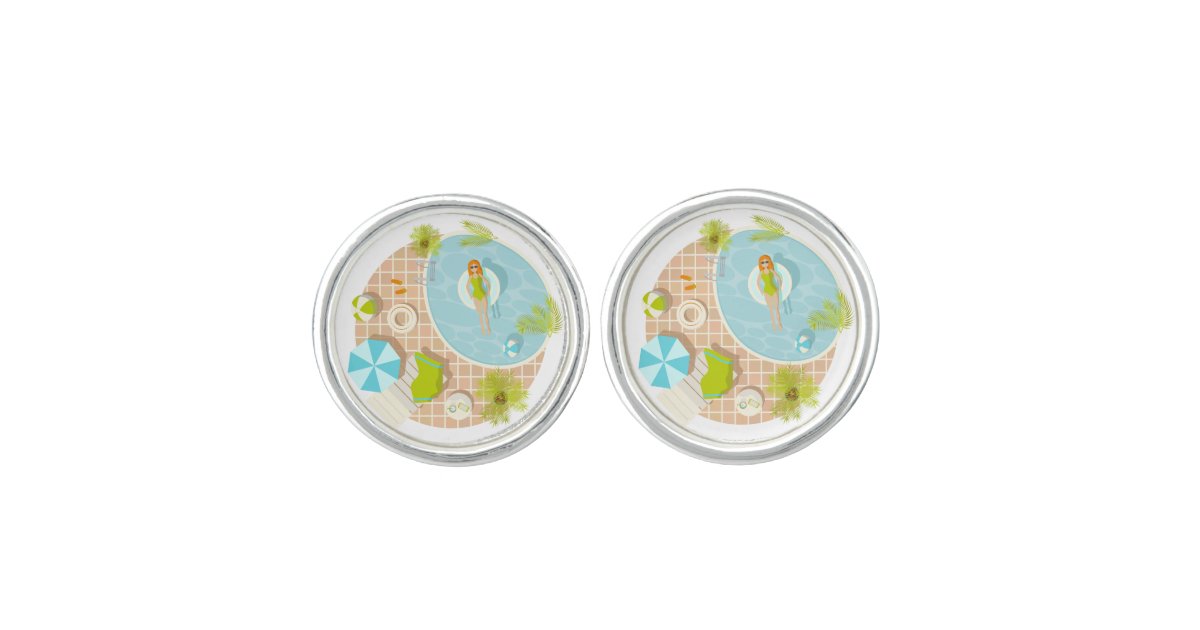 Swimming pool party girl in bikini summer beach cufflinks | Zazzle