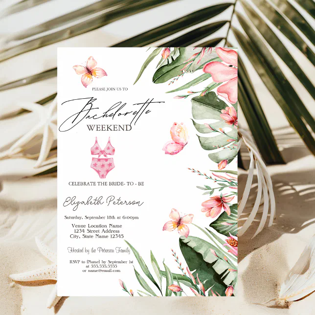 Swimming Suit Palm Butterflies Bachelorette Party Invitation Zazzle