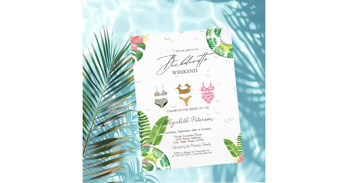 Swimming Suits Palm Leaf Pool Bachelorette Party Invitation | Zazzle