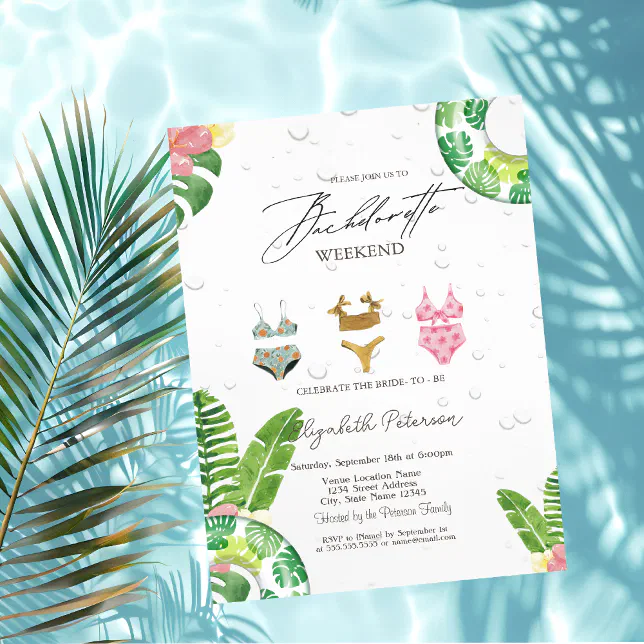 Swimming Suits Palm Leaf Pool Bachelorette Party Invitation Zazzle