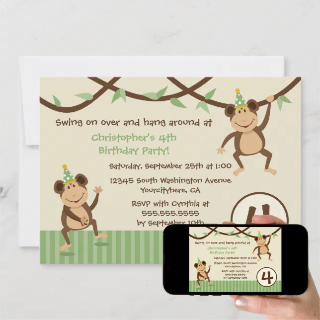 Swinging monkeys boy's birthday party invitation | Zazzle
