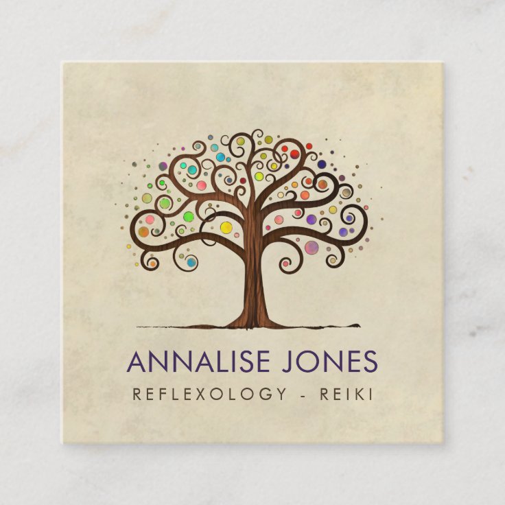 Swirl Tree of Life - Colorful leaves Square Business Card | Zazzle