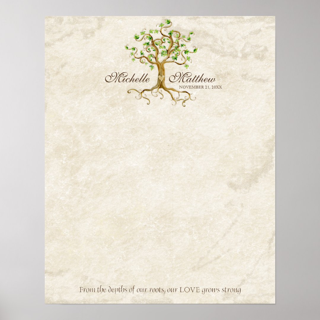Swirl Tree Roots Antique Tan Wedding Signing Sheet Poster | Zazzle