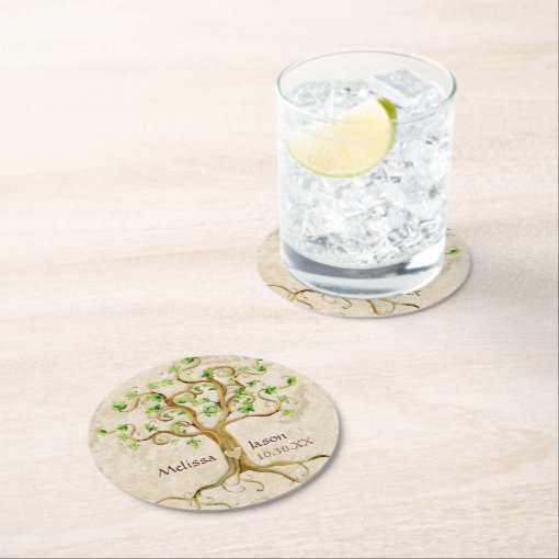 Swirl Tree Roots Antiqued Personalized Wedding Art Round Paper Coaster ...
