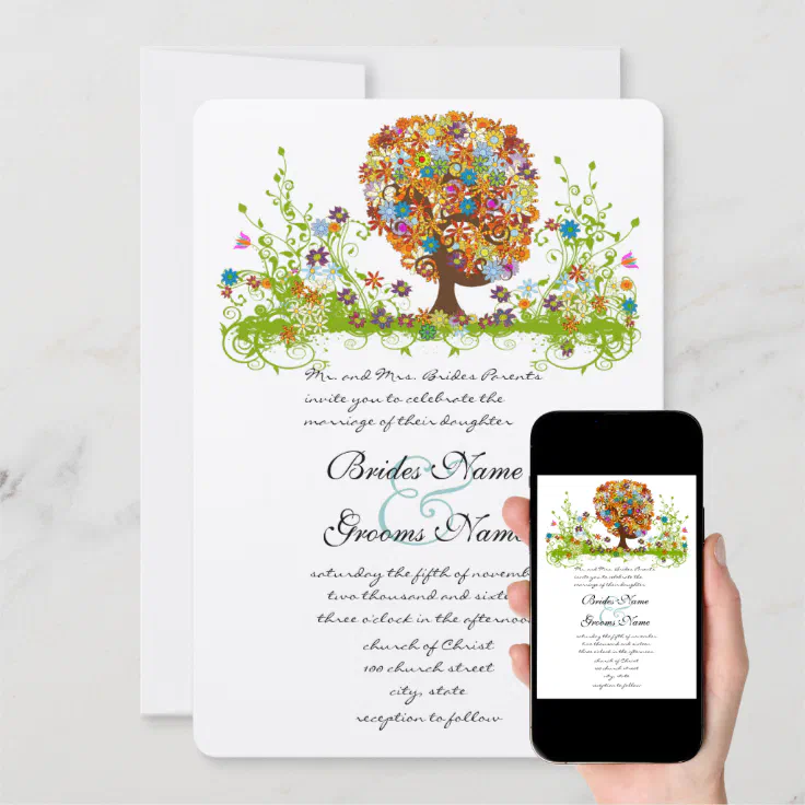 Swirled Flower Love Tree Wedding Invitation | Zazzle