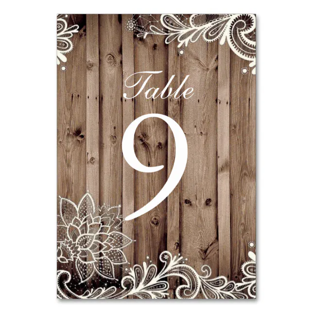 swirls lace barn wood country wedding table number | Zazzle