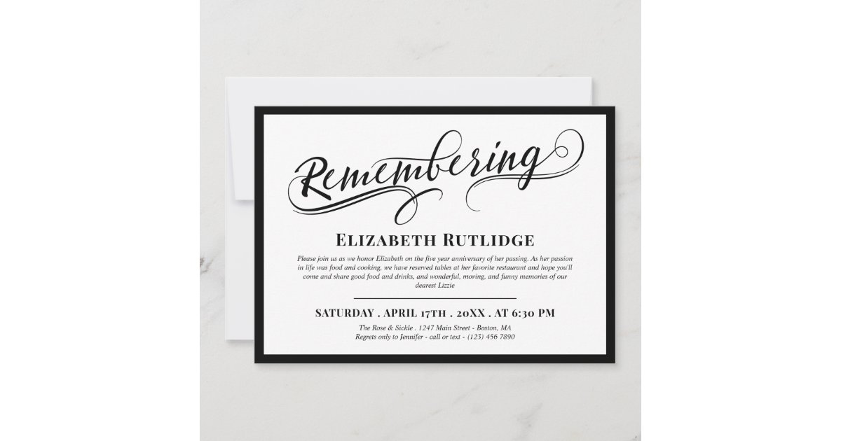 Swirly Remembering Black White Death Anniversary Invitation | Zazzle