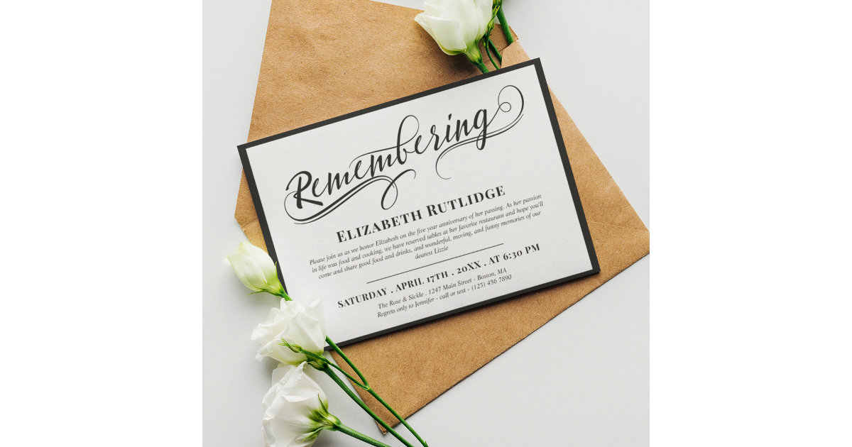 Swirly Remembering Black White Death Anniversary Invitation | Zazzle