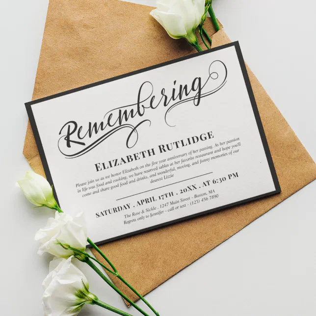 Swirly Remembering Black White Death Anniversary Invitation | Zazzle