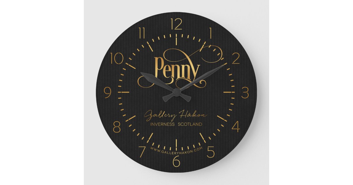 Swirly Script Calligraphy Penny Gold on Black Large Clock | Zazzle