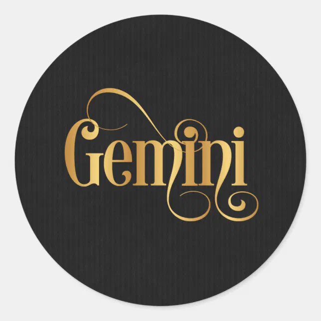 Swirly Script Zodiac Sign Gemini Gold on Black Classic Round Sticker ...