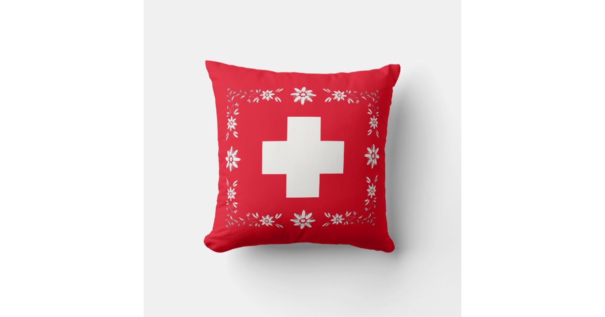 Swiss flag and edelweiss throw pillow | Zazzle