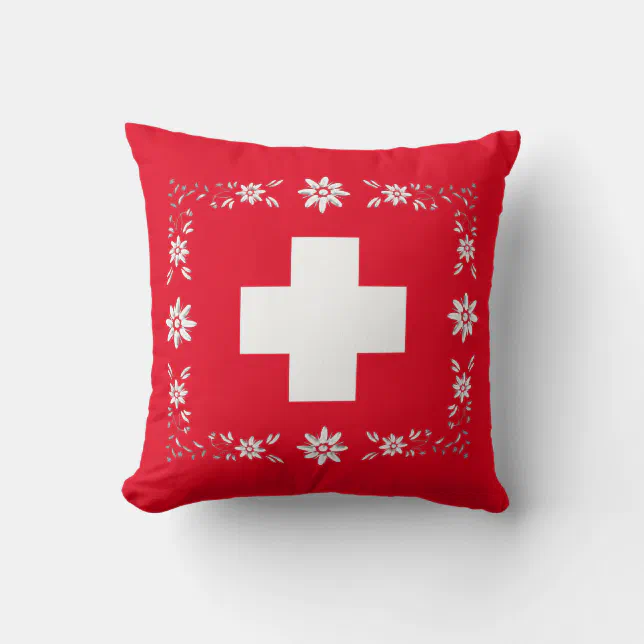 Swiss flag and edelweiss throw pillow | Zazzle