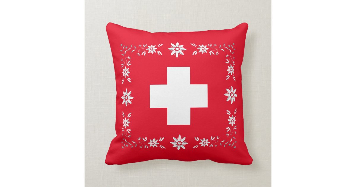 Swiss flag and edelweiss throw pillow | Zazzle.com