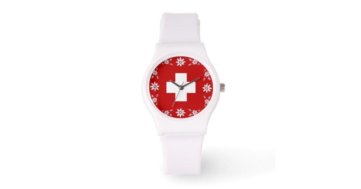 Swiss flag and edelweiss watch | Zazzle