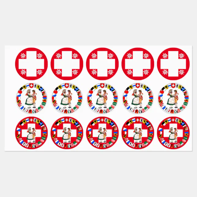 Swiss flag, edelweiss, cantons and dancers labels | Zazzle