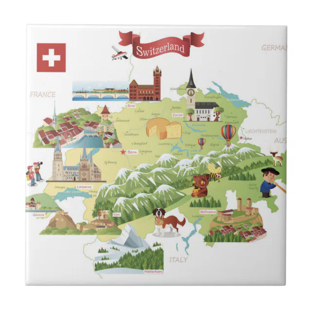 Switzerland Cartoon Map Ceramic Tile | Zazzle