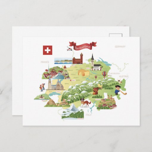 Switzerland Cartoon Map Postcard | Zazzle