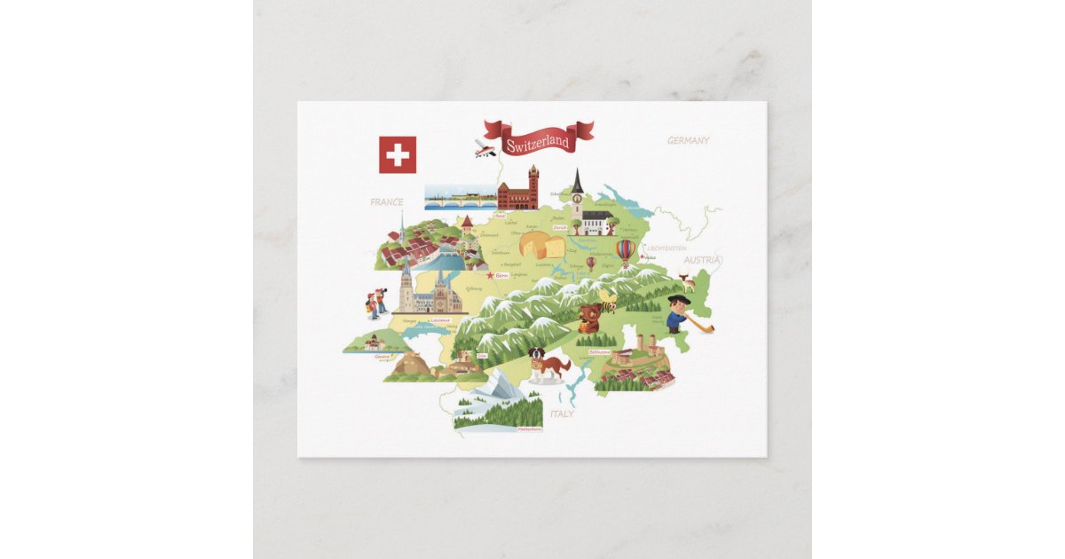 Switzerland Cartoon Map Postcard | Zazzle