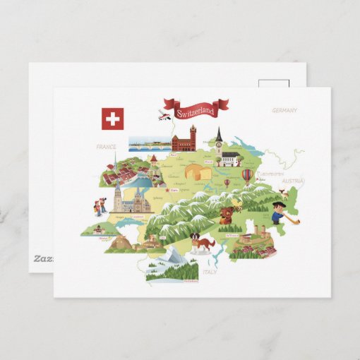 Switzerland Cartoon Map Postcard | Zazzle