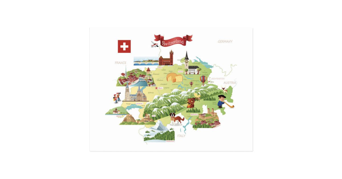 Switzerland Cartoon Map Postcard | Zazzle.com