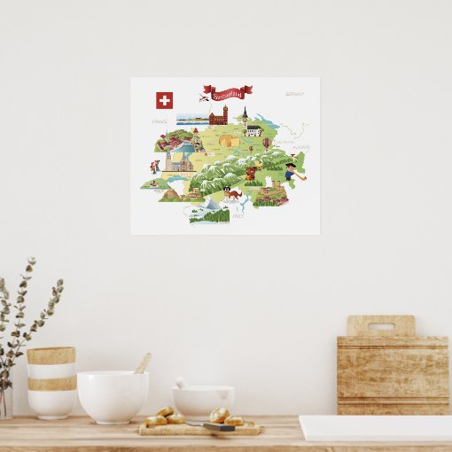 Switzerland Cartoon Map Poster | Zazzle