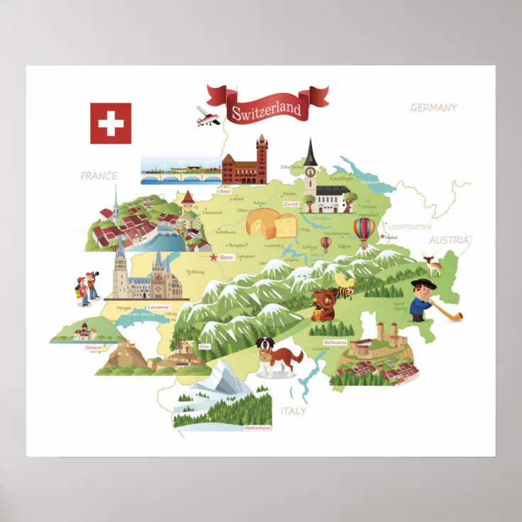 Switzerland Cartoon Map Poster | Zazzle