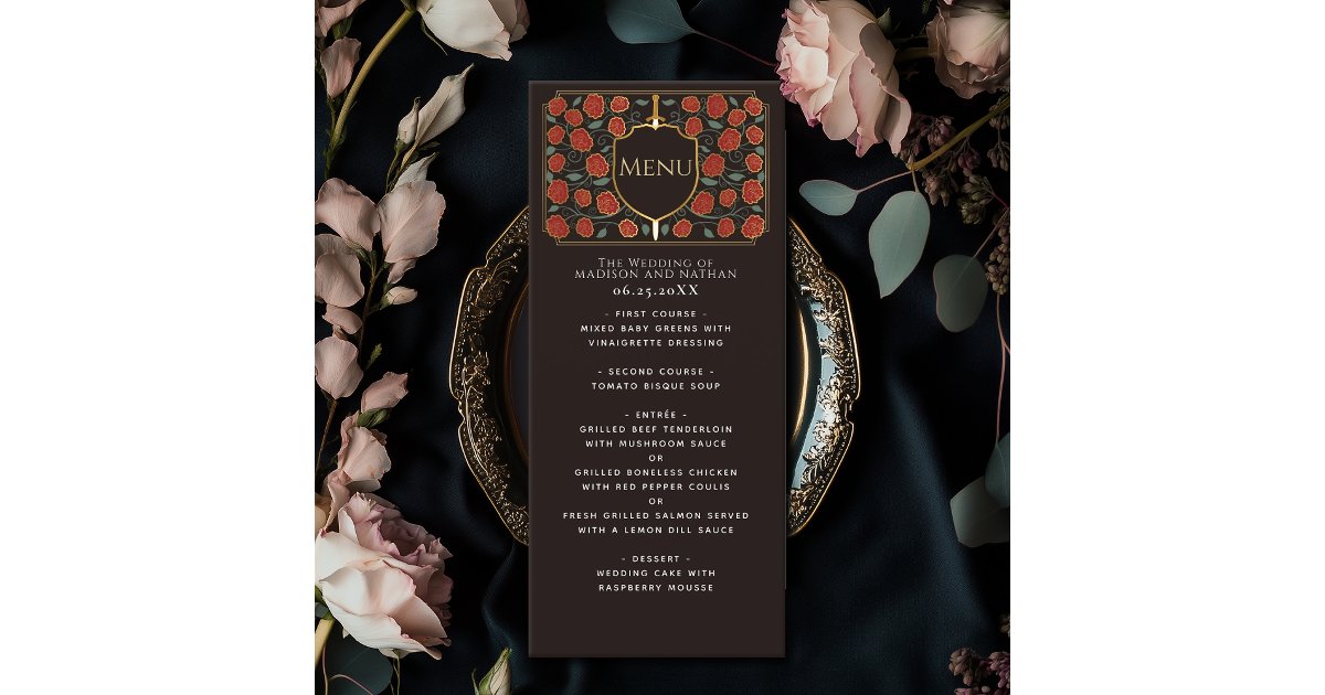 Sword & Shield Medieval Fantasy Monogram Wedding Menu | Zazzle
