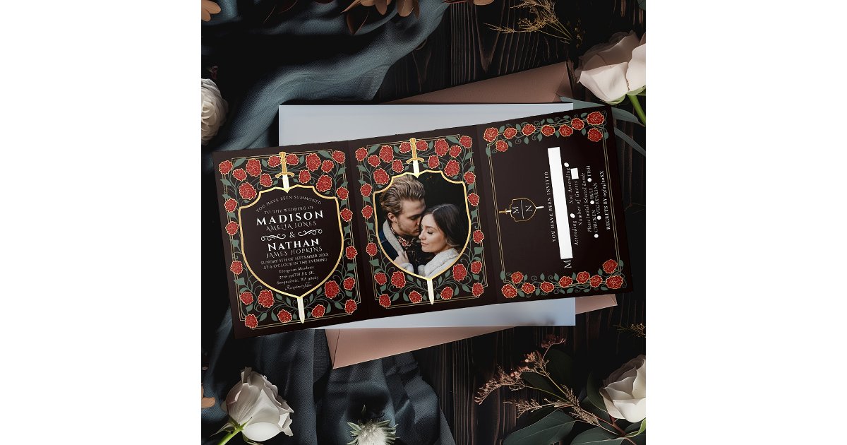 Sword & Shield Medieval Fantasy Monogram Wedding Tri-Fold Invitation ...