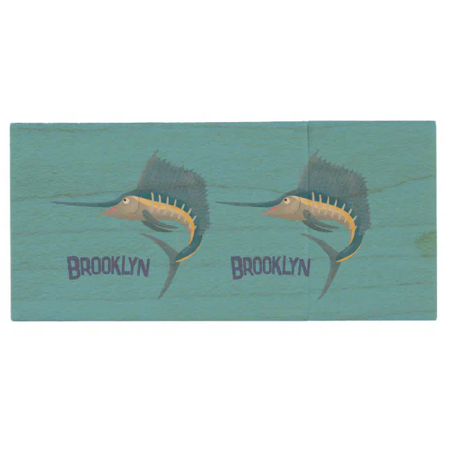 Swordfish sailfish fun cartoon illustration wood flash drive | Zazzle