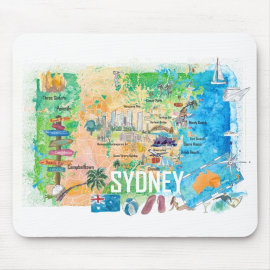 Sydney Australia Illustrated Map with Landmarks Mouse Pad | Zazzle.com