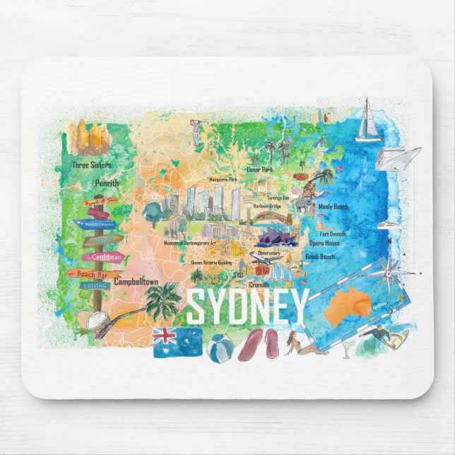 Sydney Australia Illustrated Map with Landmarks Mouse Pad | Zazzle